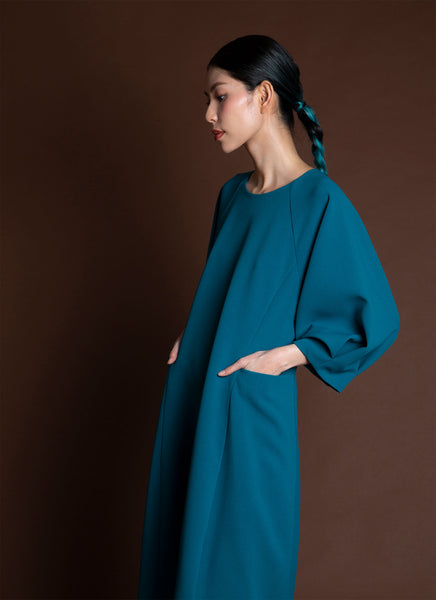 KAAREM - Mala Raglan Sleeve Pleated Pocket Dress - Cyan Blue